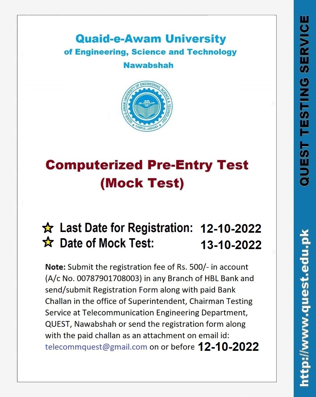 QUEST Pre Entry Test 2022 Dates Result.pk