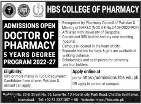 HBS College Of Pharmacy admission 2022 2027 Result.pk