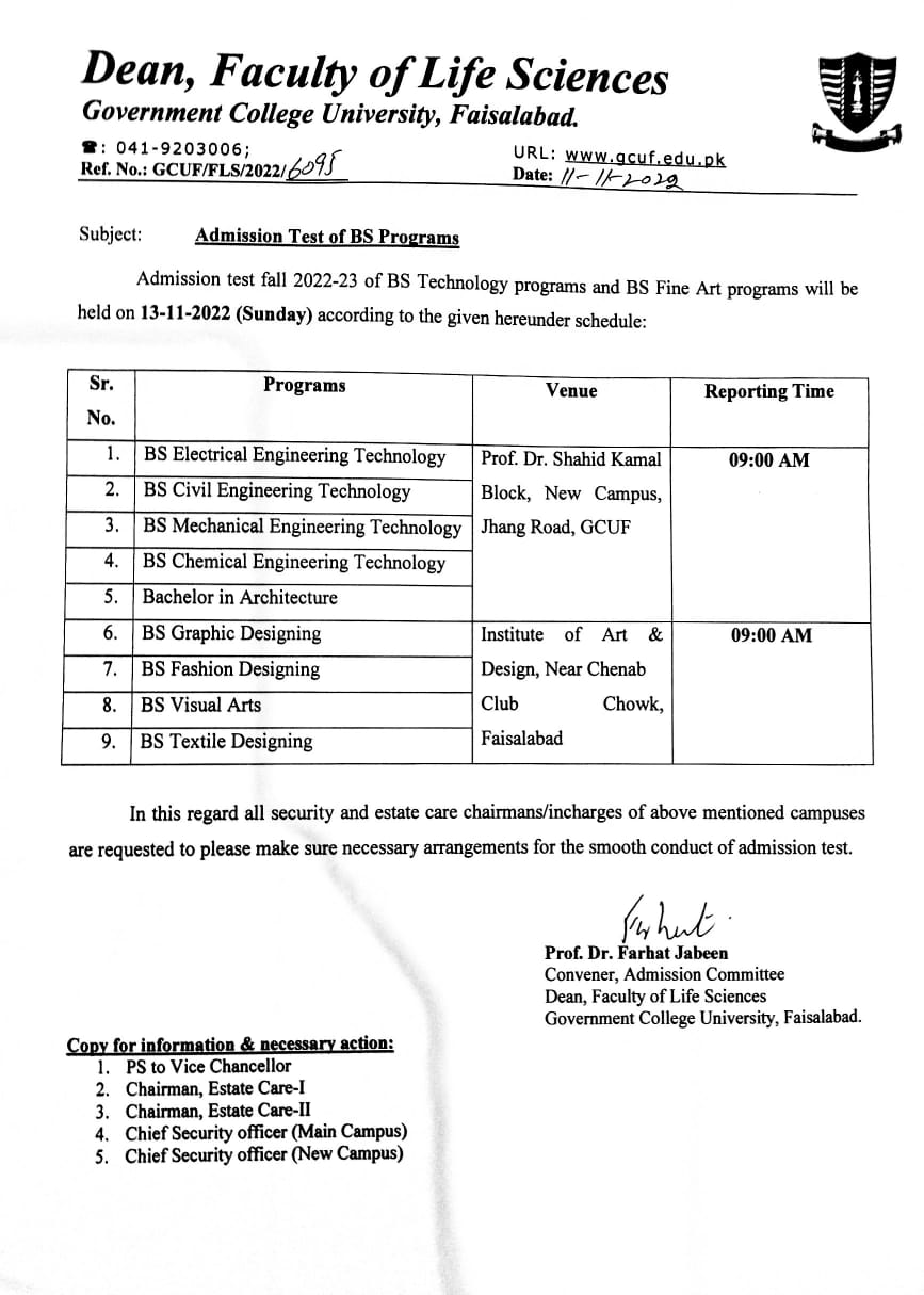GCUF BS Technology and Fine Art Entry Test Schedule 2022 Result.pk