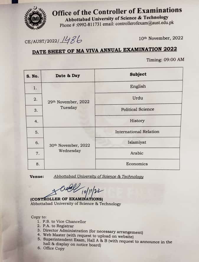 AUST MA Viva Annual Exam Date Sheet 2022 Result.pk