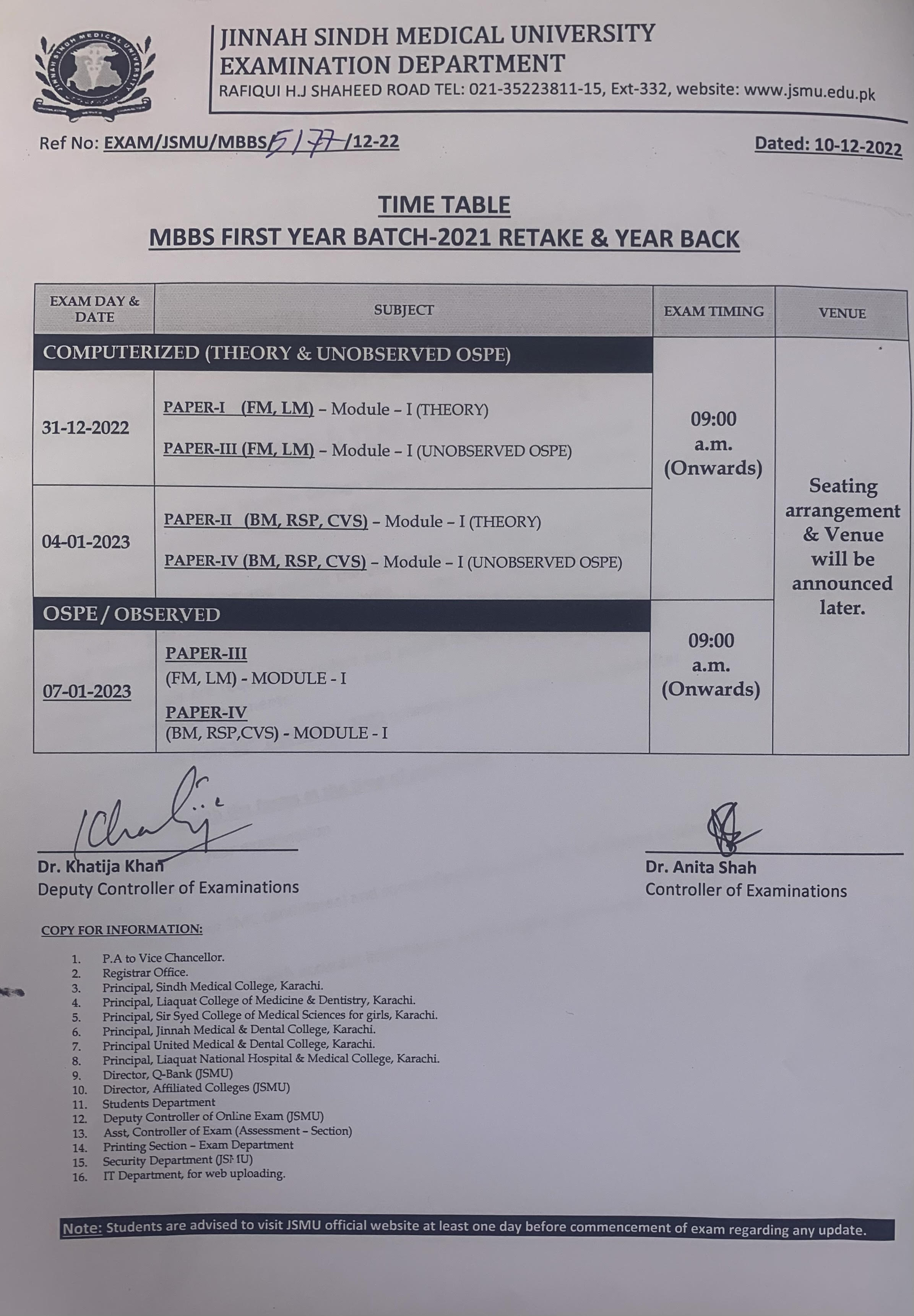 JSMU MBBS 1st Year Retake and Year Back Exam Date Sheet 2022 Result.pk