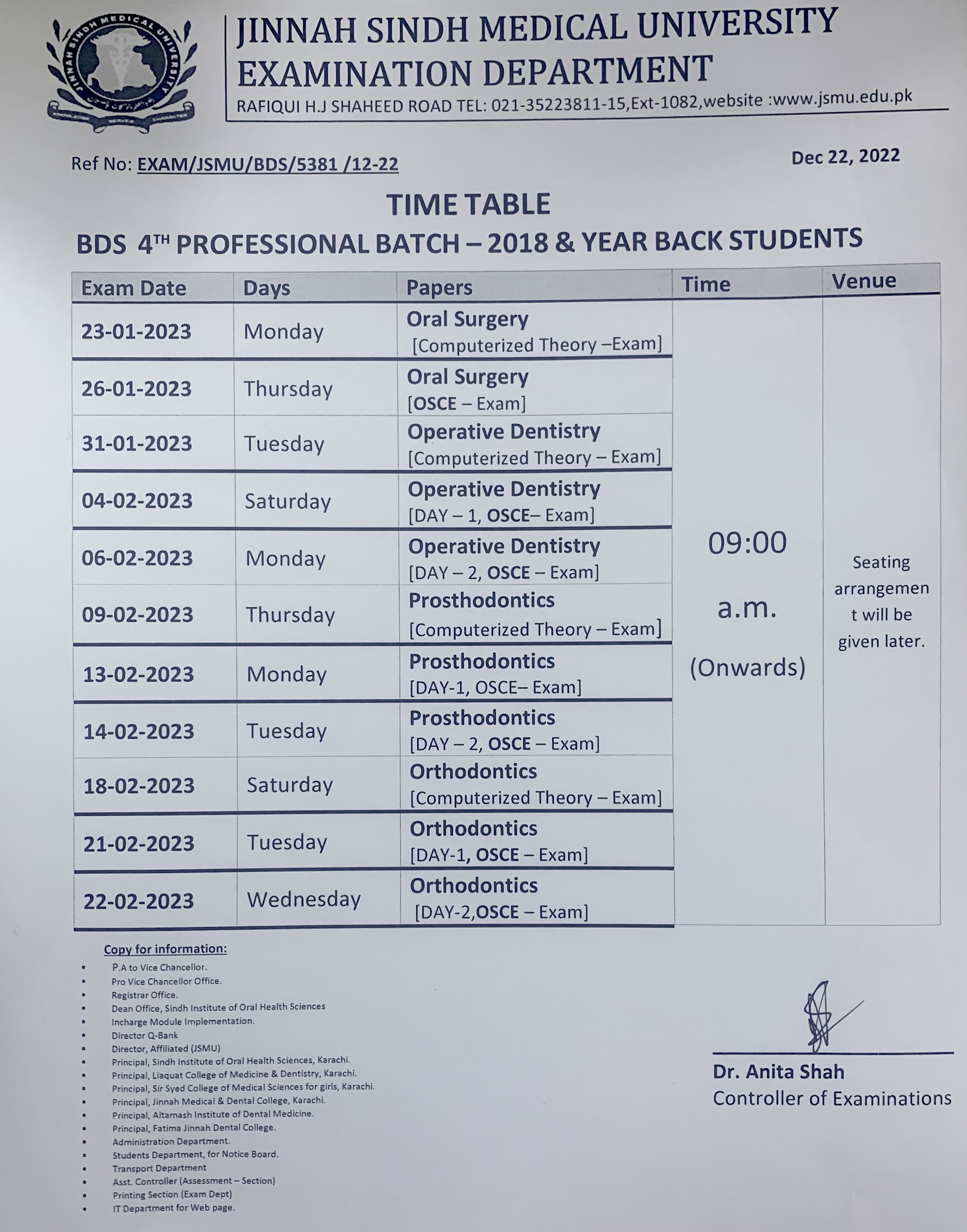 JSMU Karachi BDS Semester IV Batch 2018 and Year Back Exam Schedule Result.pk