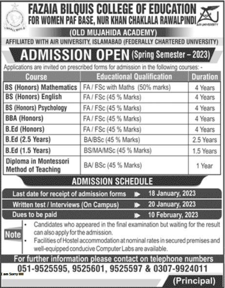 Fazaia Bilquis College of Education Admission Spring 2023 Result.pk