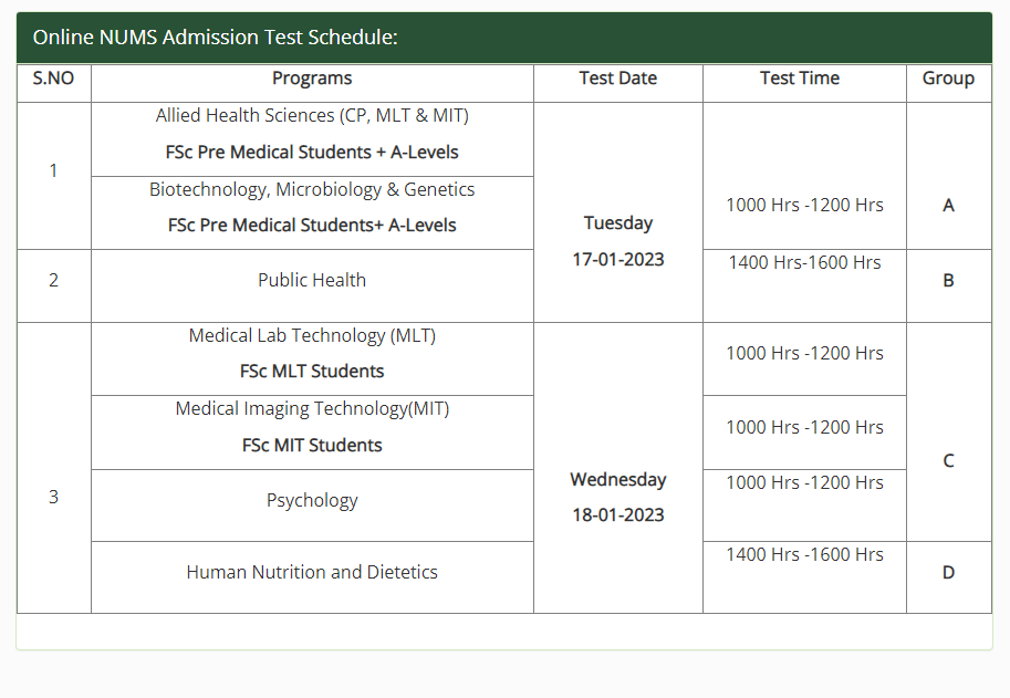NUMS Undergraduate Admission Entry Test Schedule 2023 Result.pk