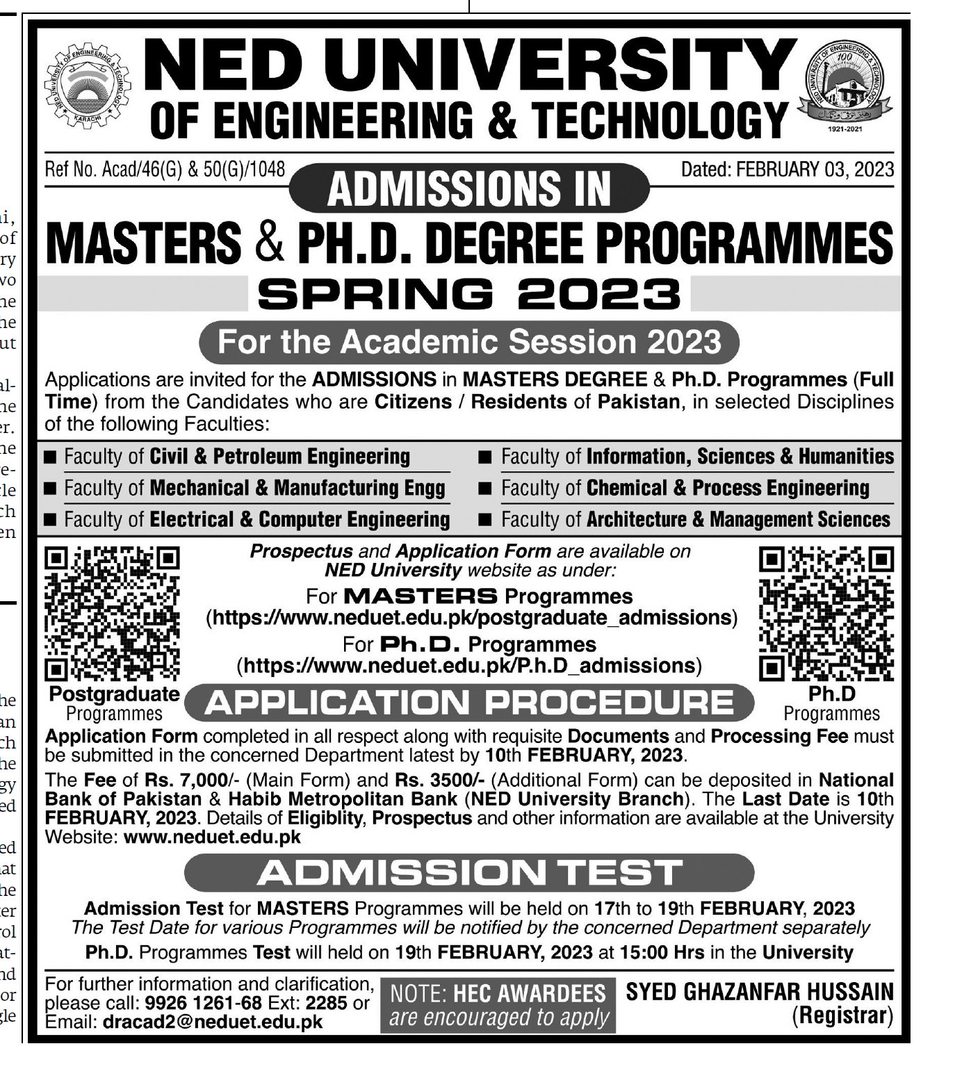 NED UET Admission in Master and PhD Programs Spring 2023 Result.pk