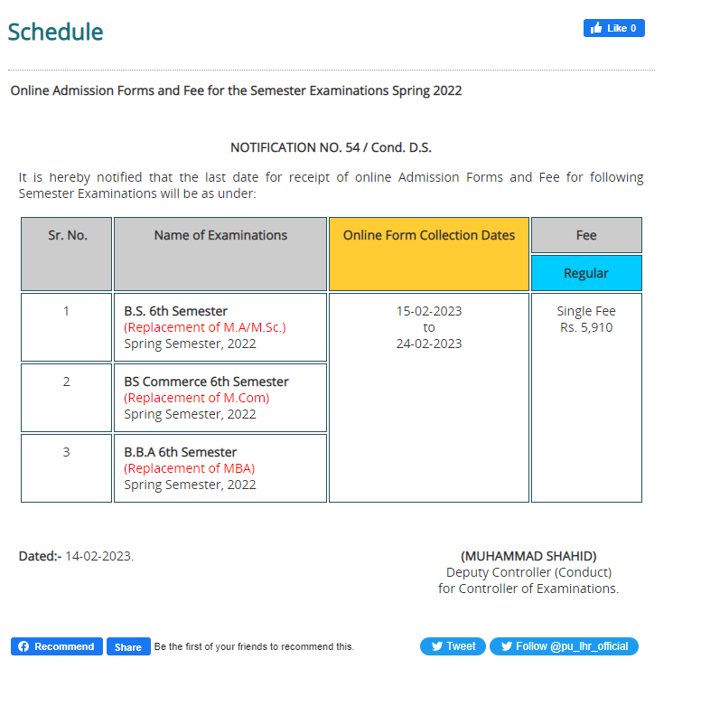 PU Spring Exams Online Admission Forms & Fee Schedule 2023 Result.pk