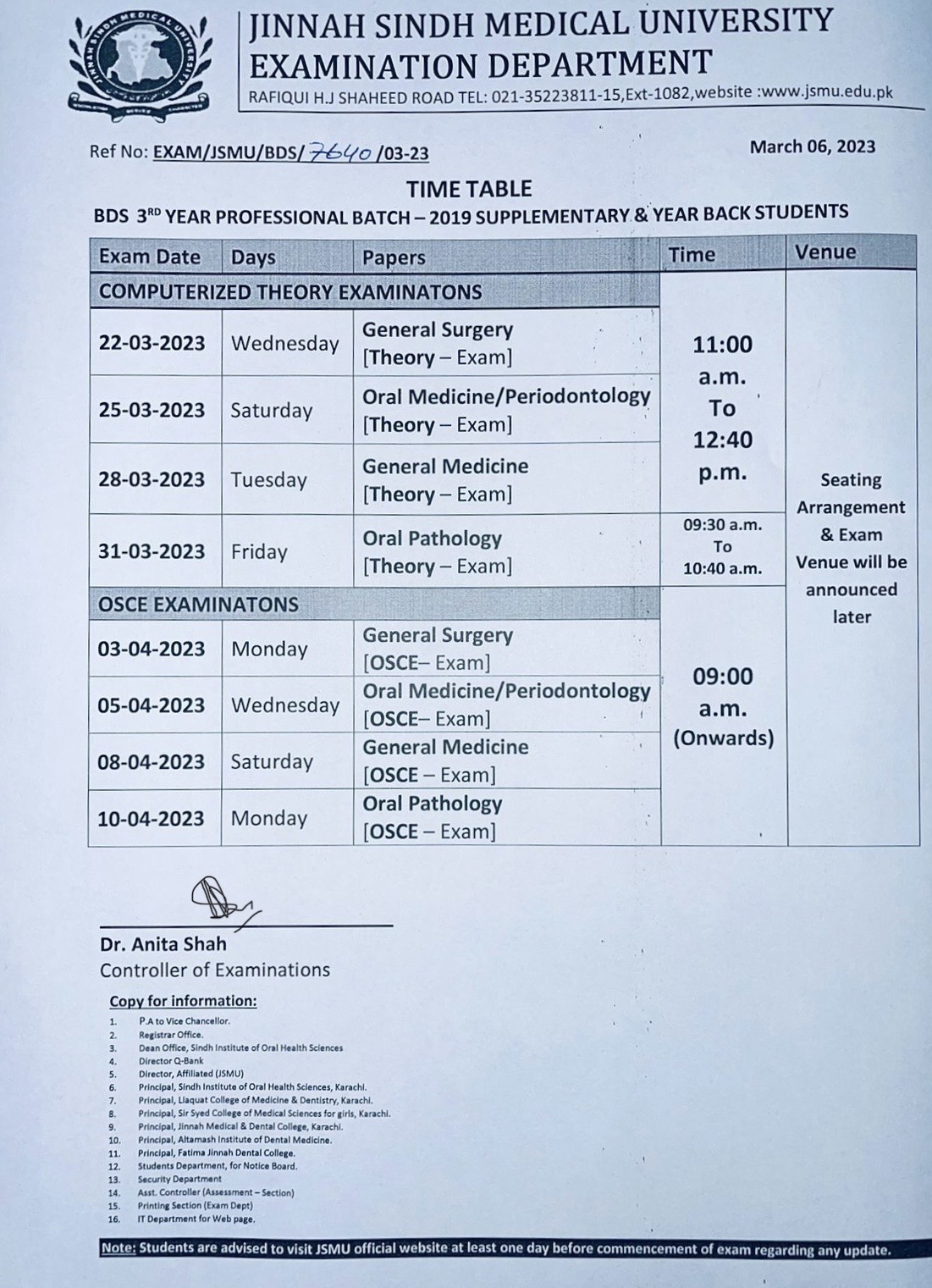 JSMU BDS 3rd Year Prof Batch 2019 and Year Back Supply Exam 2023 Date Sheet Result.pk