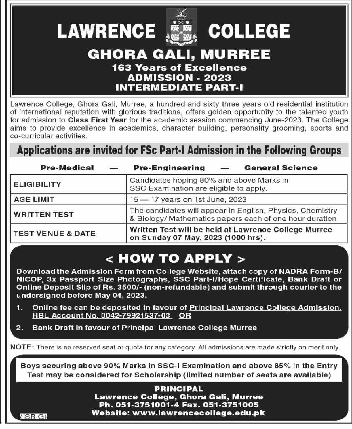 Lawrence College Ghora Gali Murree Admission 2023 Result.pk