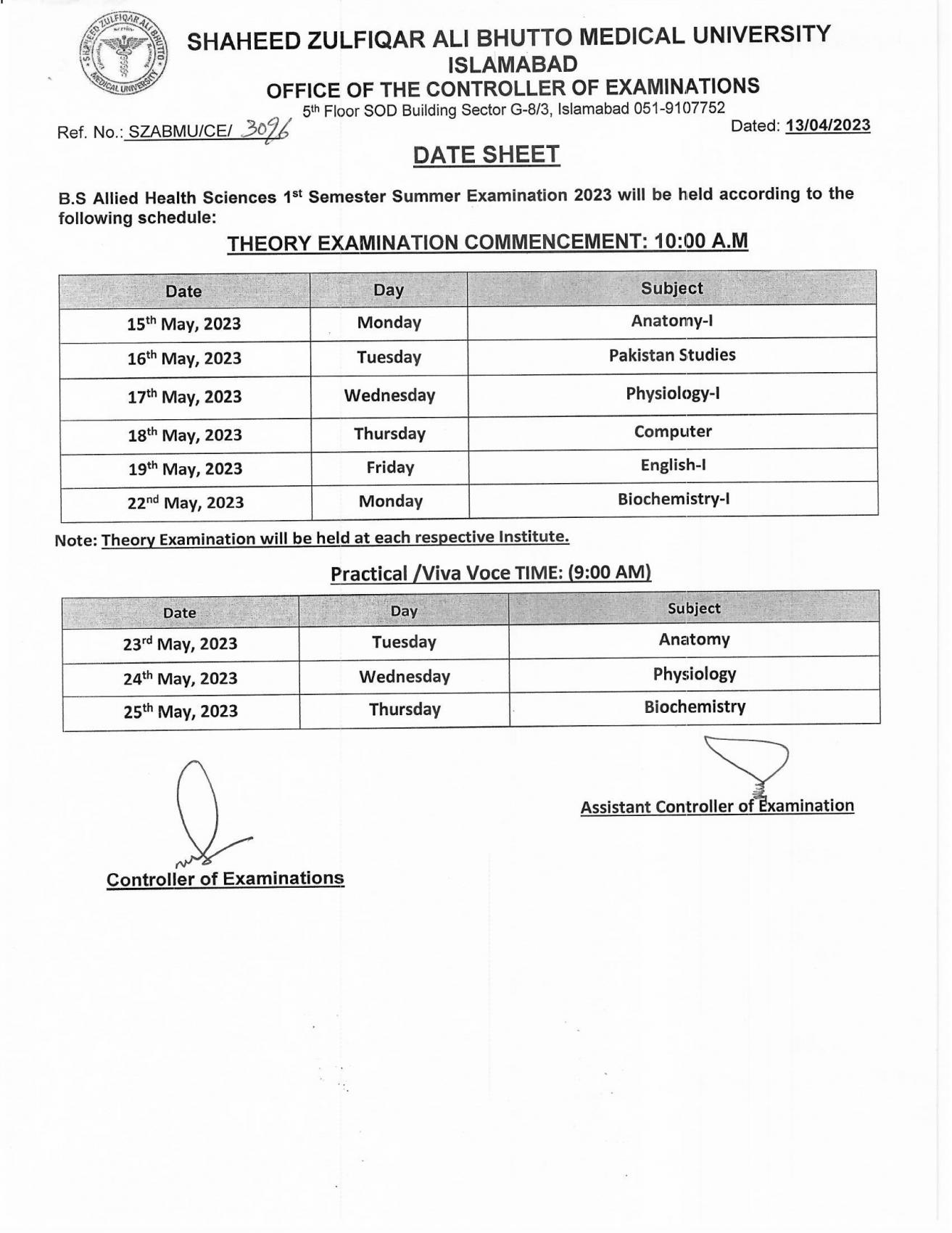 SZABMU BS AHS 1st Semester Summer Exam 2023 Schedule Result.pk
