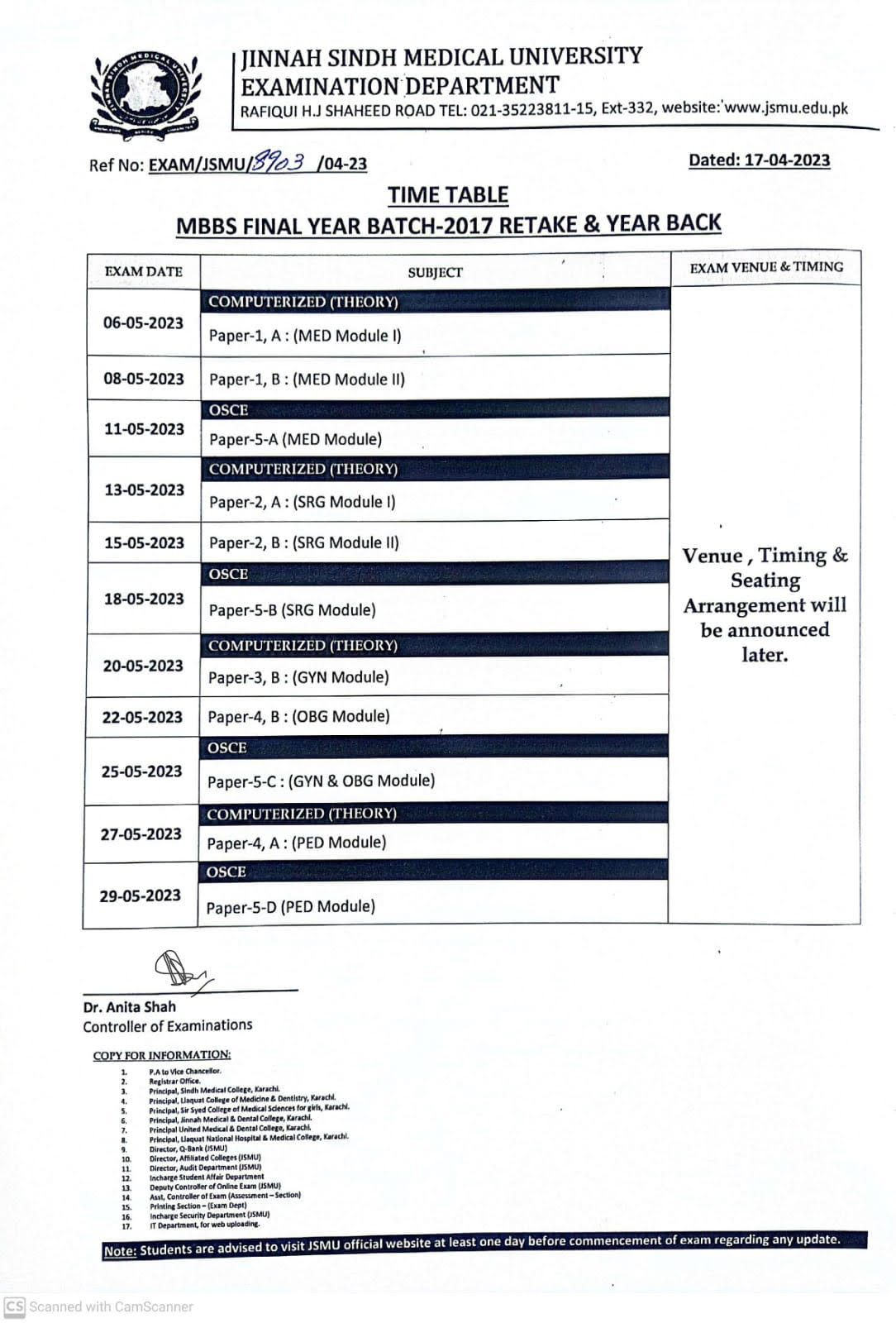 JSMU MBBS Final Year Batch 2017 and Year Back Exam Date Sheet 2023 ...