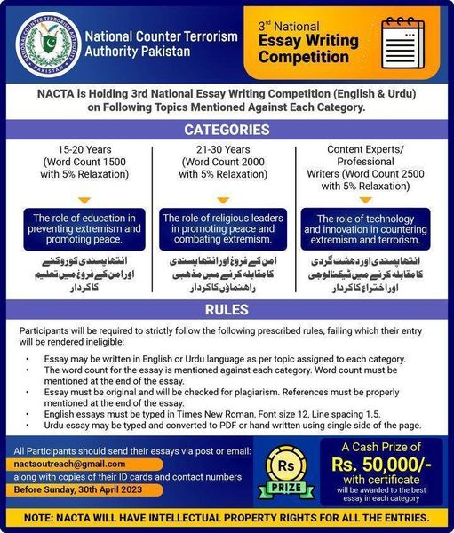 NACTA 3rd National Essay Writing Competition 2023 Schedule Result.pk