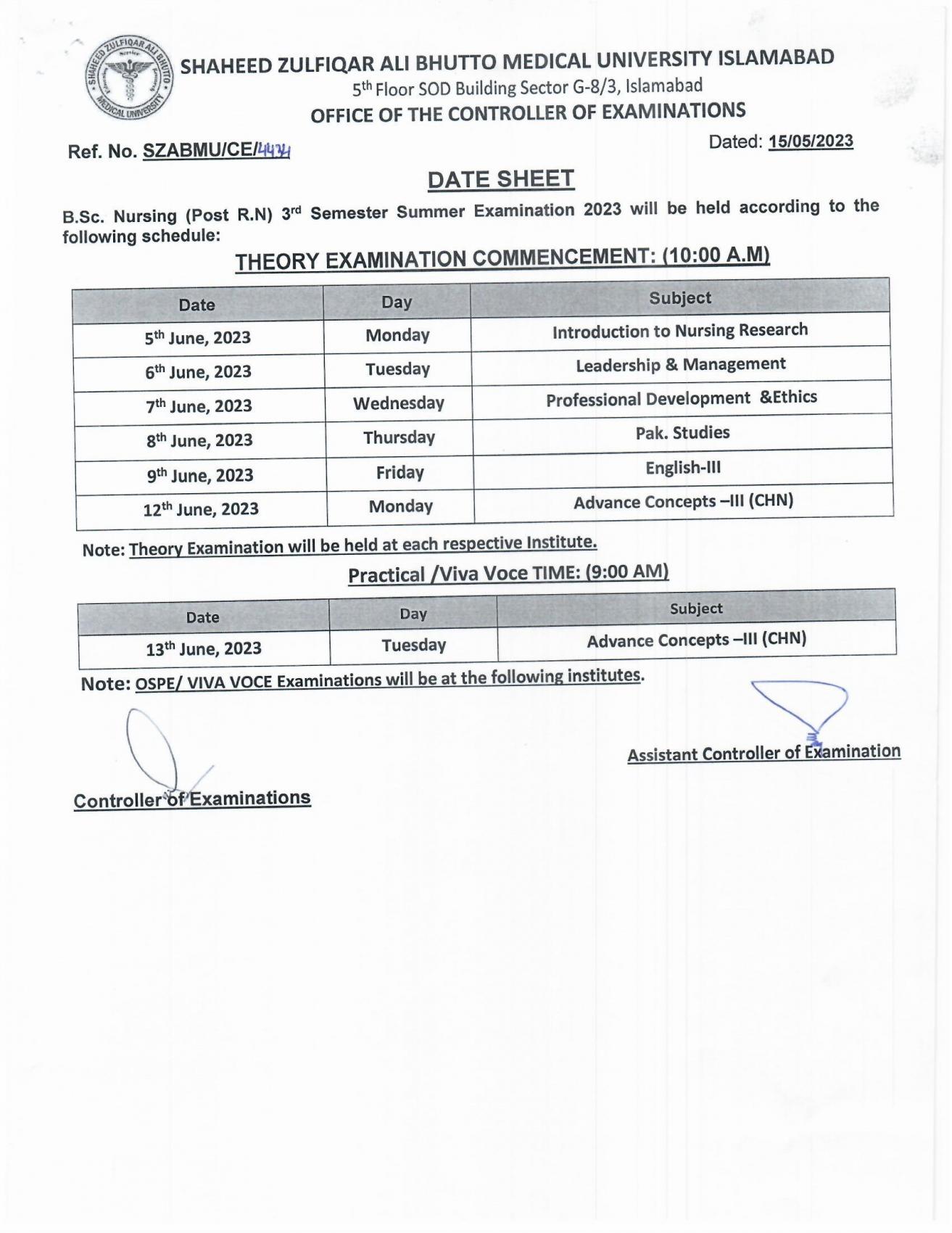 SZABMU BS Nursing Post RN Semester 1st 2nd and 3rd Exam 2023 Schedule ...
