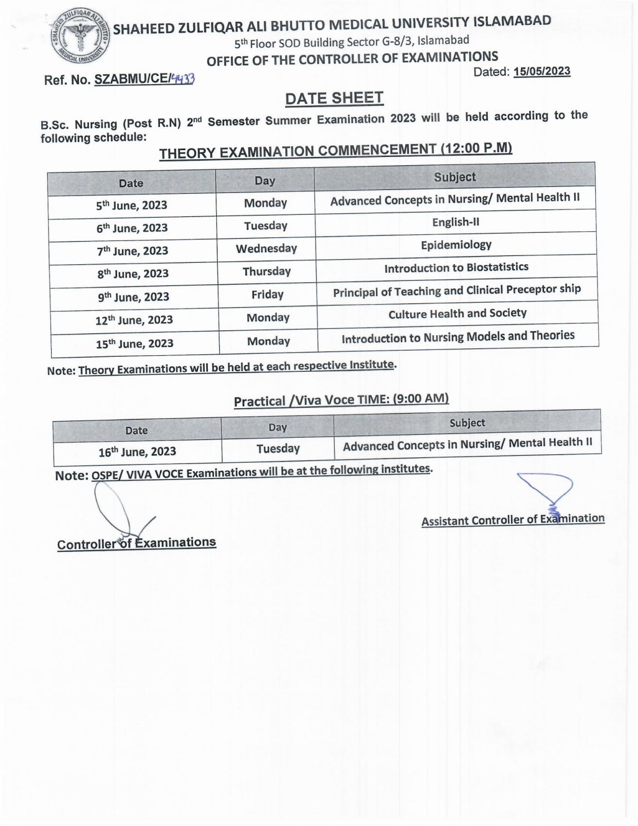 SZABMU BS Nursing Post RN Semester 1st 2nd and 3rd Exam 2023 Schedule ...