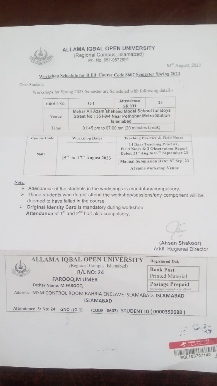 AIOU B.Ed Spring Semester Workshop 2023 Schedule Result.pk