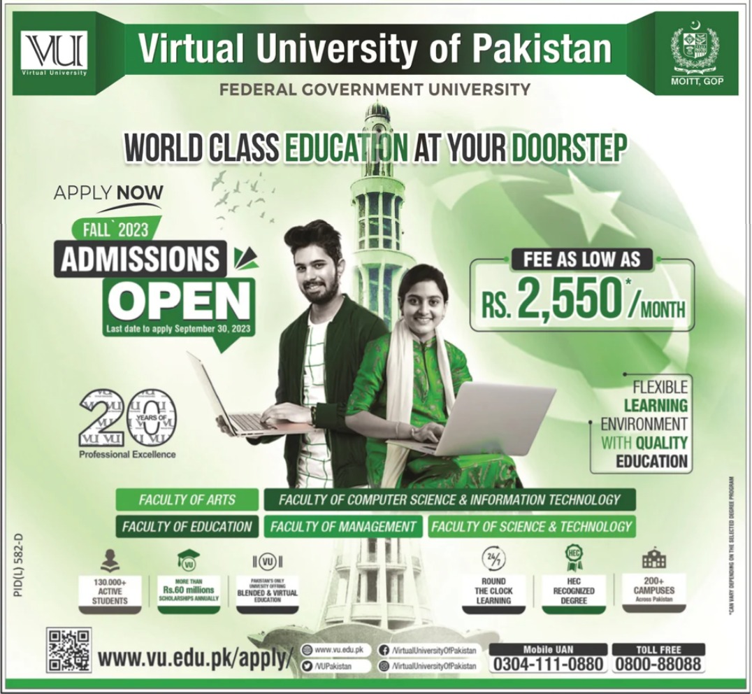 Virtual University of Pakistan Admission Fall 2023 Result.pk