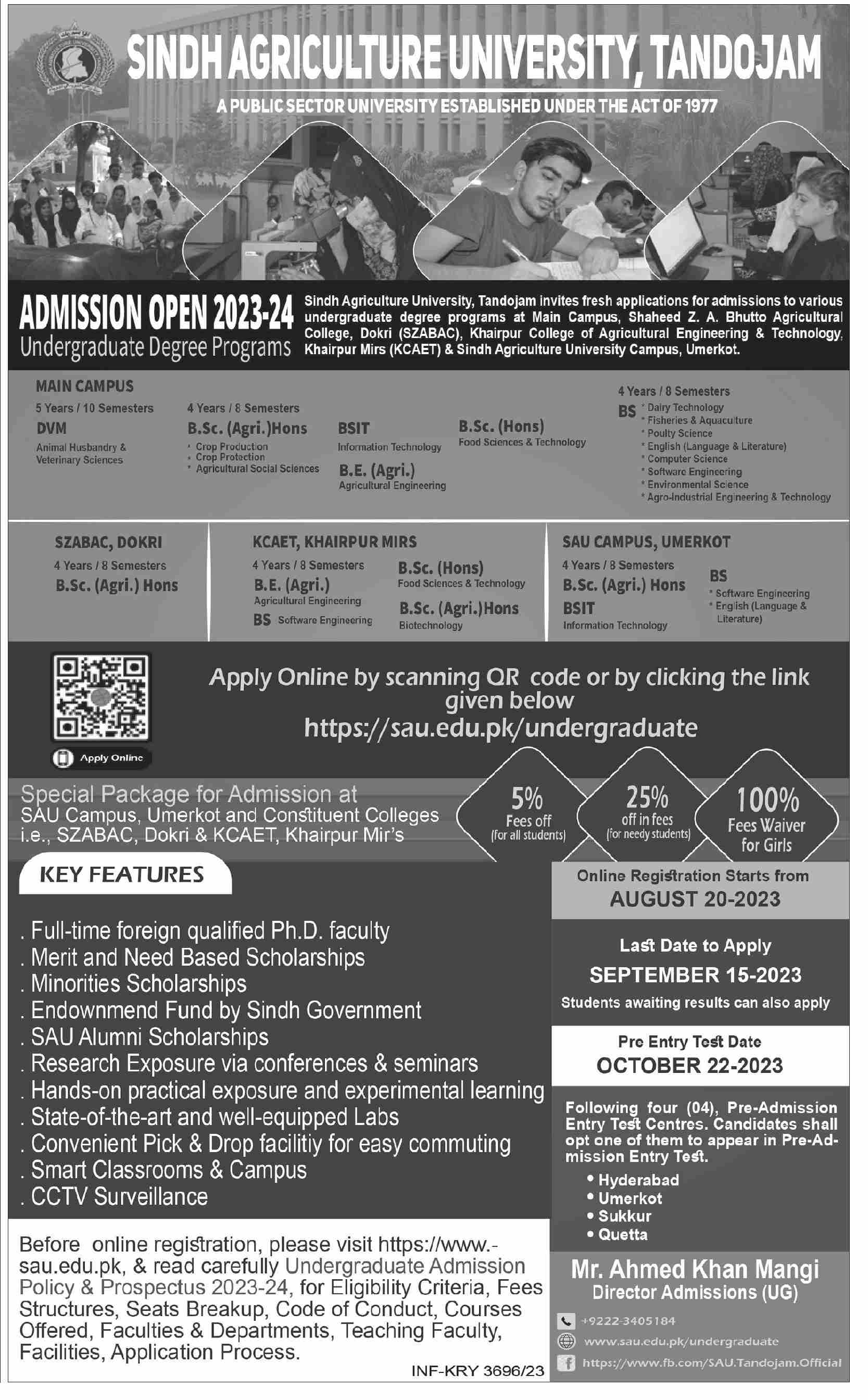 Sindh Agriculture University Admissions 2023 Result.pk