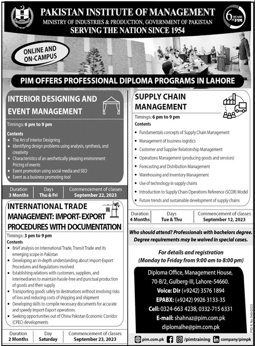 Pakistan Institute of Management Admissions 2023 Result.pk