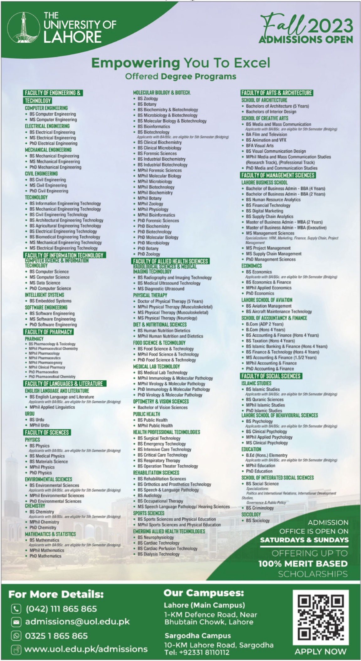 The University of Lahore UOL Admission 2023 Result.pk