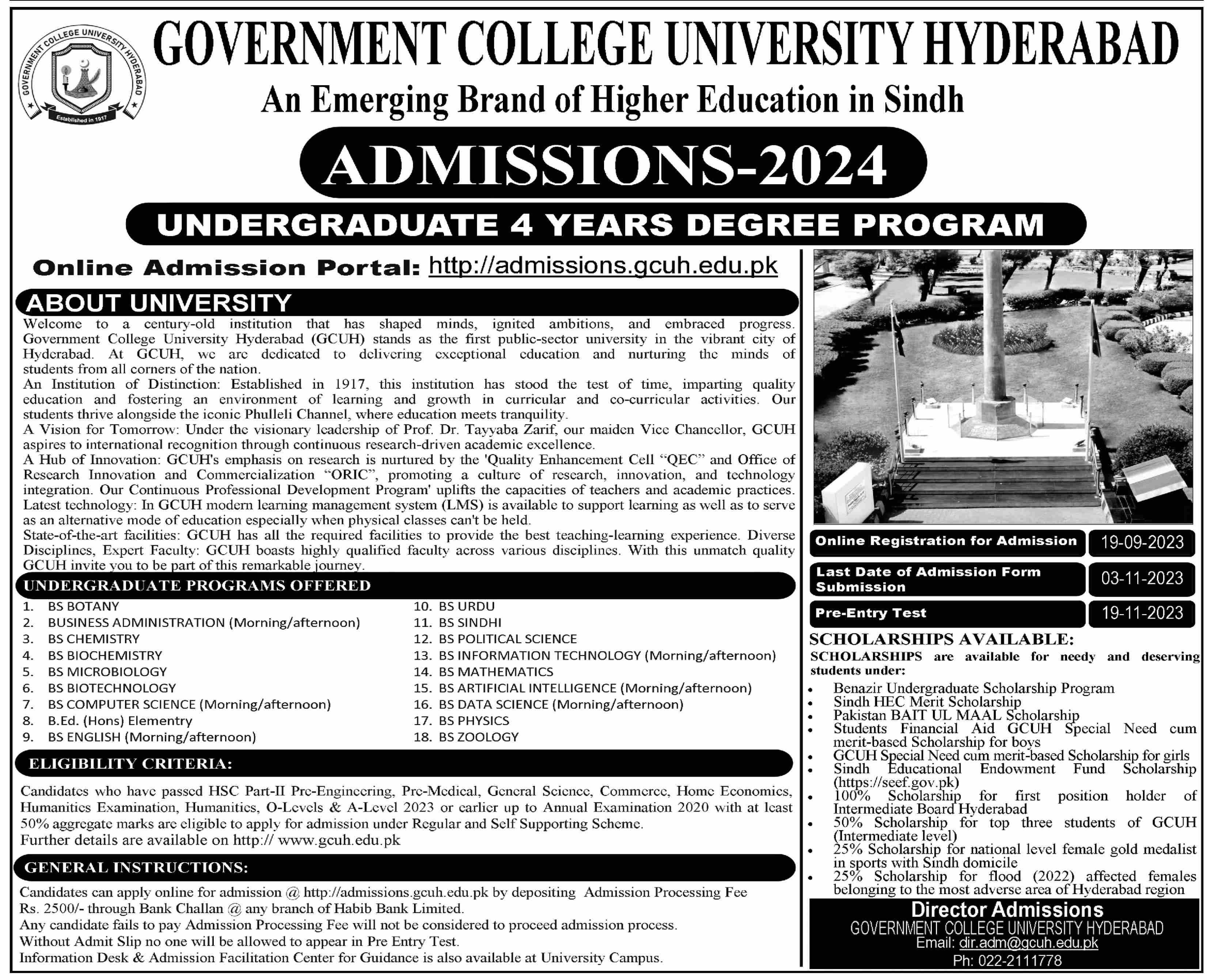 Government College University Hyderabad GCUH Admission 2023 Result.pk