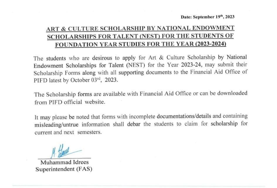 PIFD National Endowment Scholarships NEST Scholarship 2023 Result.pk