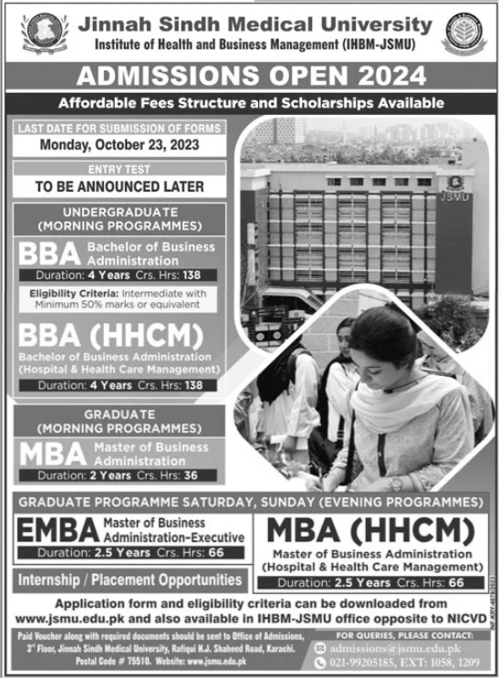 JSMU Jinnah Sindh Medical University BBA MBA EMBA MHPE Admission 2023 ...
