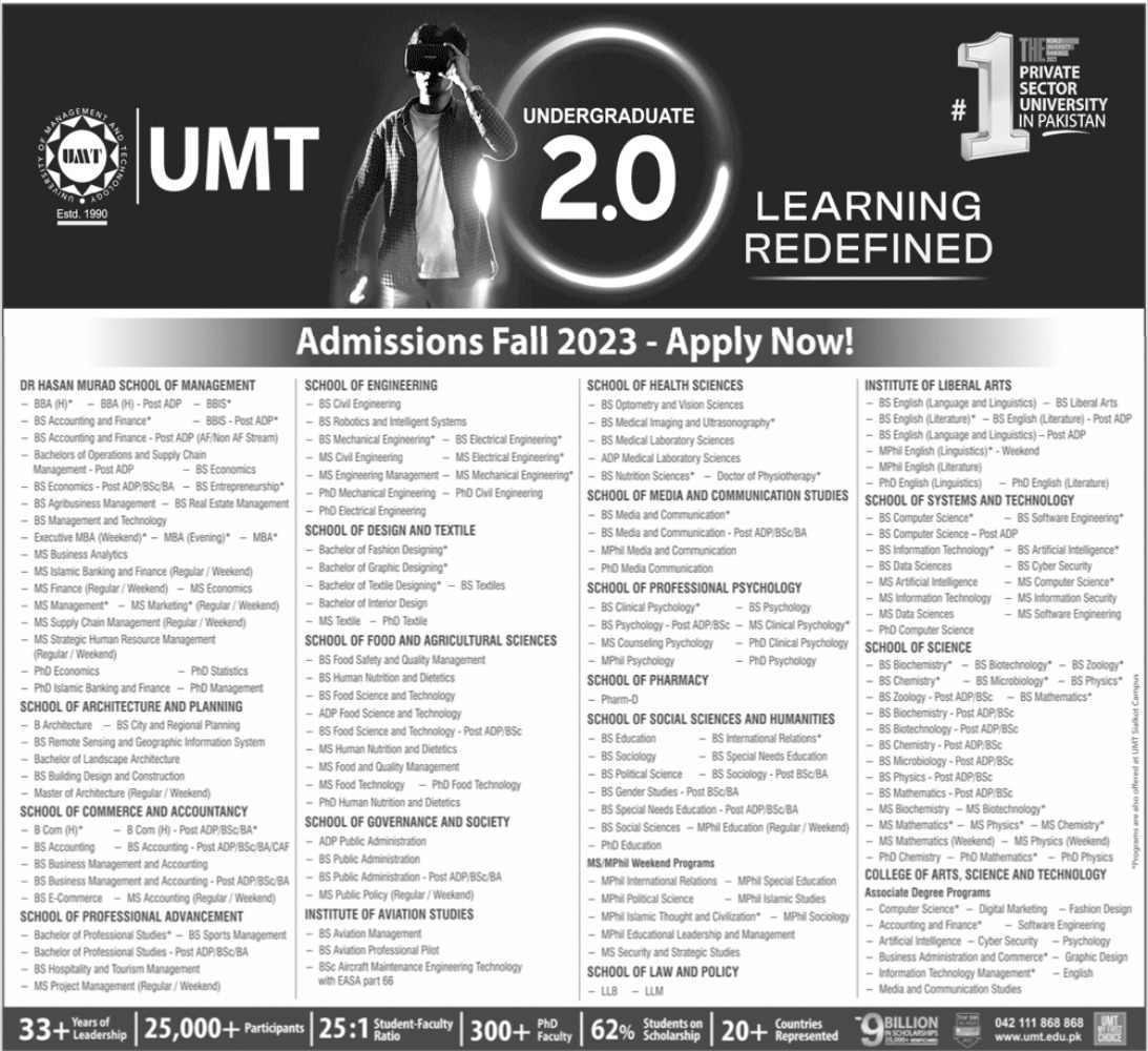 UMT University of Management and Technology BBA BS MS M.Phil Ph.D ...