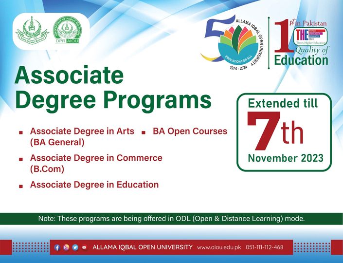 AIOU Revised Schedule AD Programs Admission 2023 ODL Mode Result.pk