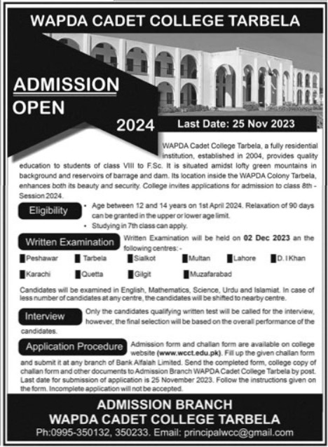 Wapda Cadet College Class 7th to FSc Admission 2023 Result.pk