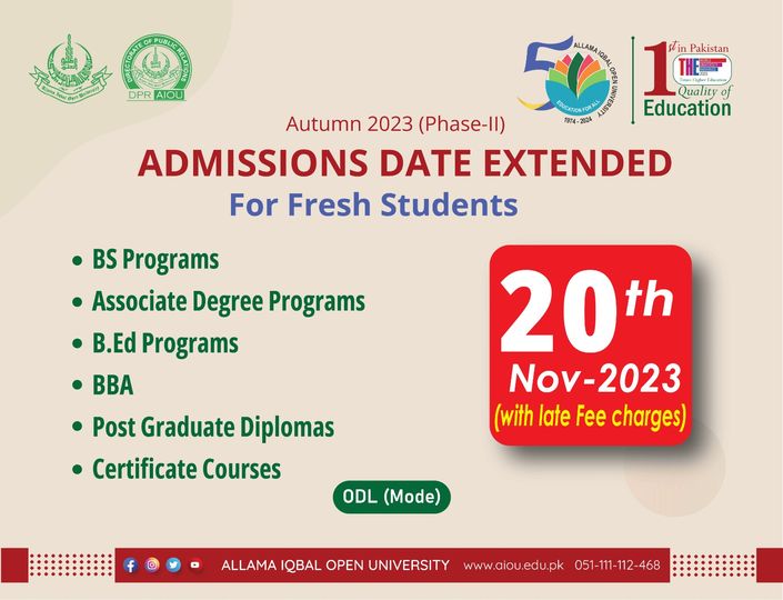 AIOU Bachelors Autumn Admissions 2023 Date Extended Result.pk