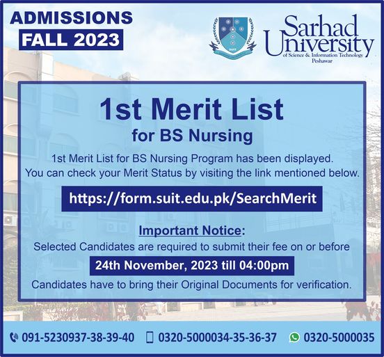 Sarhad University SUIT BSN First Merit List 2023 Result.pk