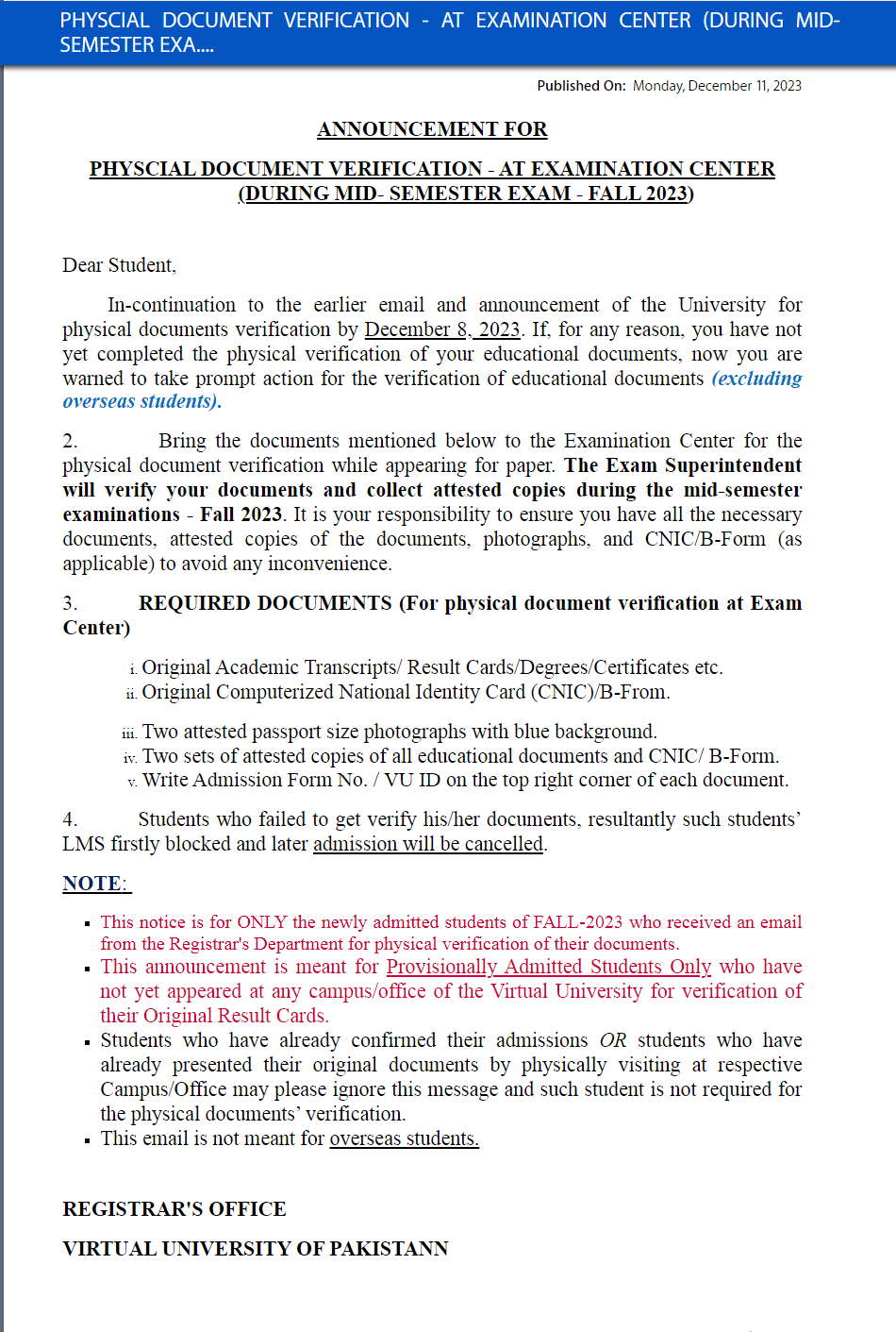 Virtual University VU Physical Document Verification - Fall 2023 Result.pk