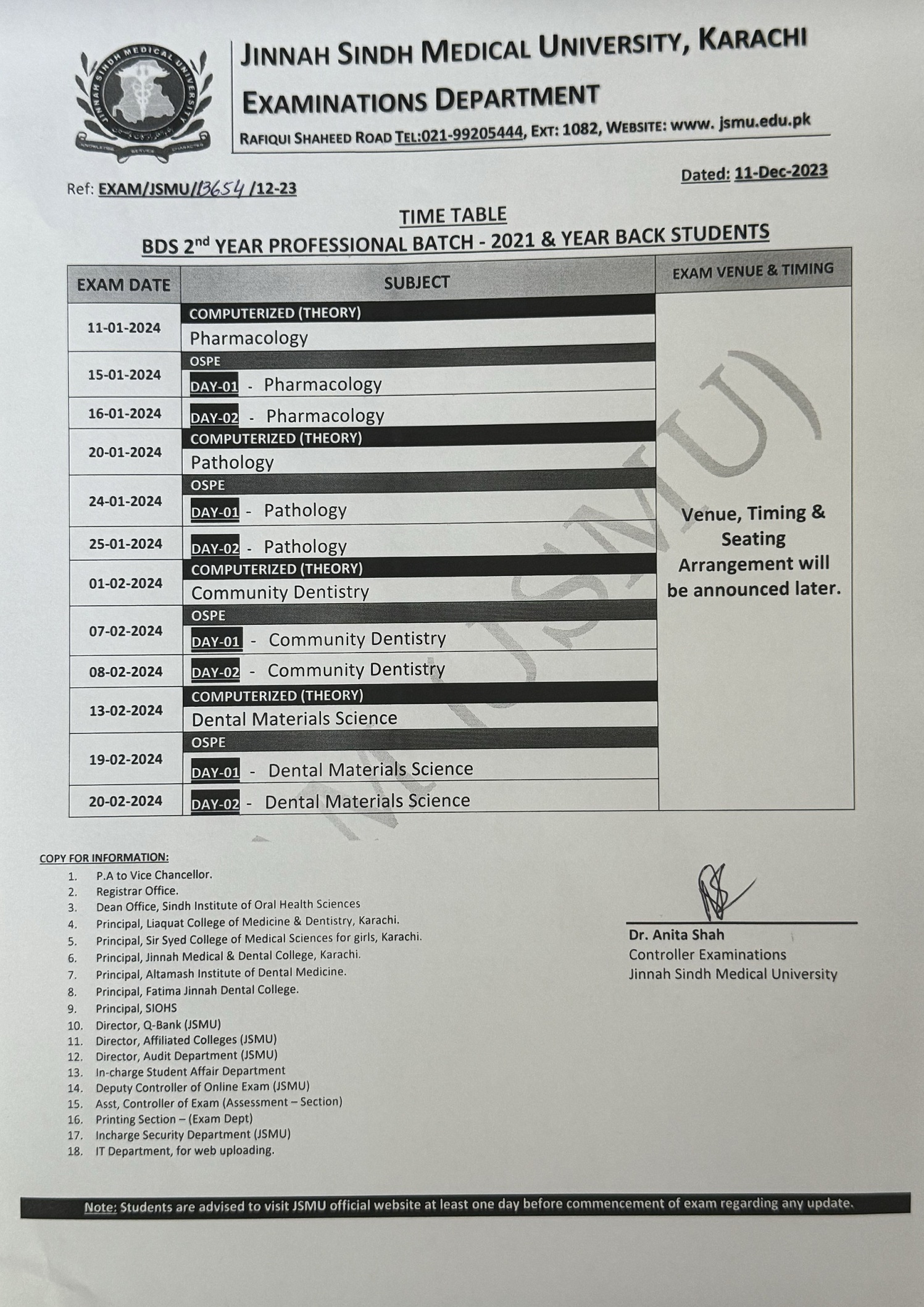JSMU BDS 2nd Professional Exam Schedule 2024 Result.pk