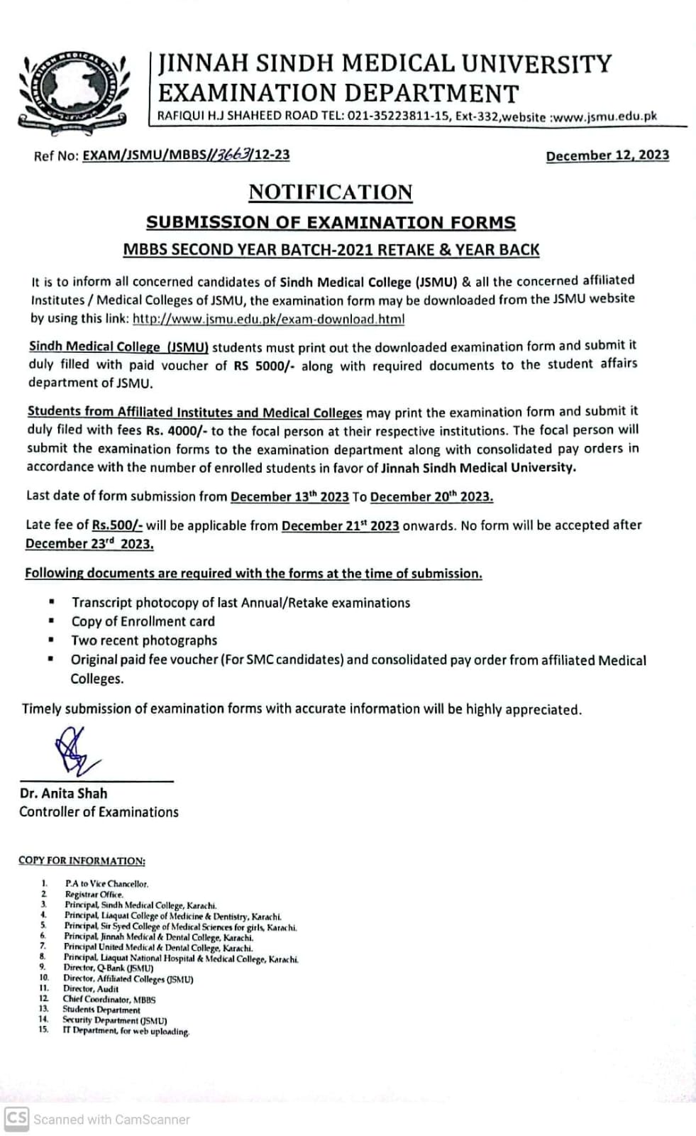 JSMU MBBS 2nd Year Batch 2021 Form Submission Schedule Result.pk