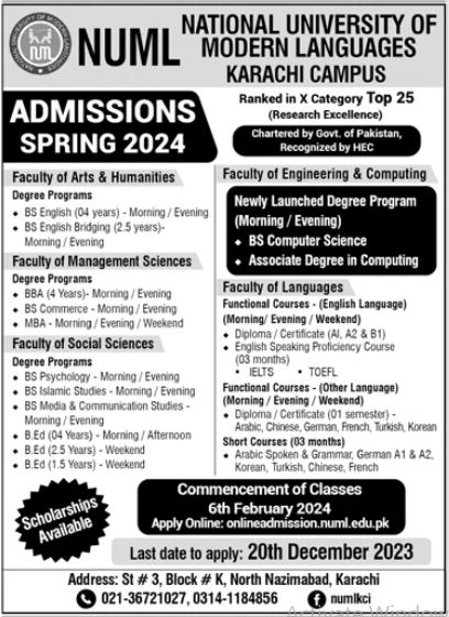 NUML National University of Modern Languages BS BEd BBA MBA Admission ...