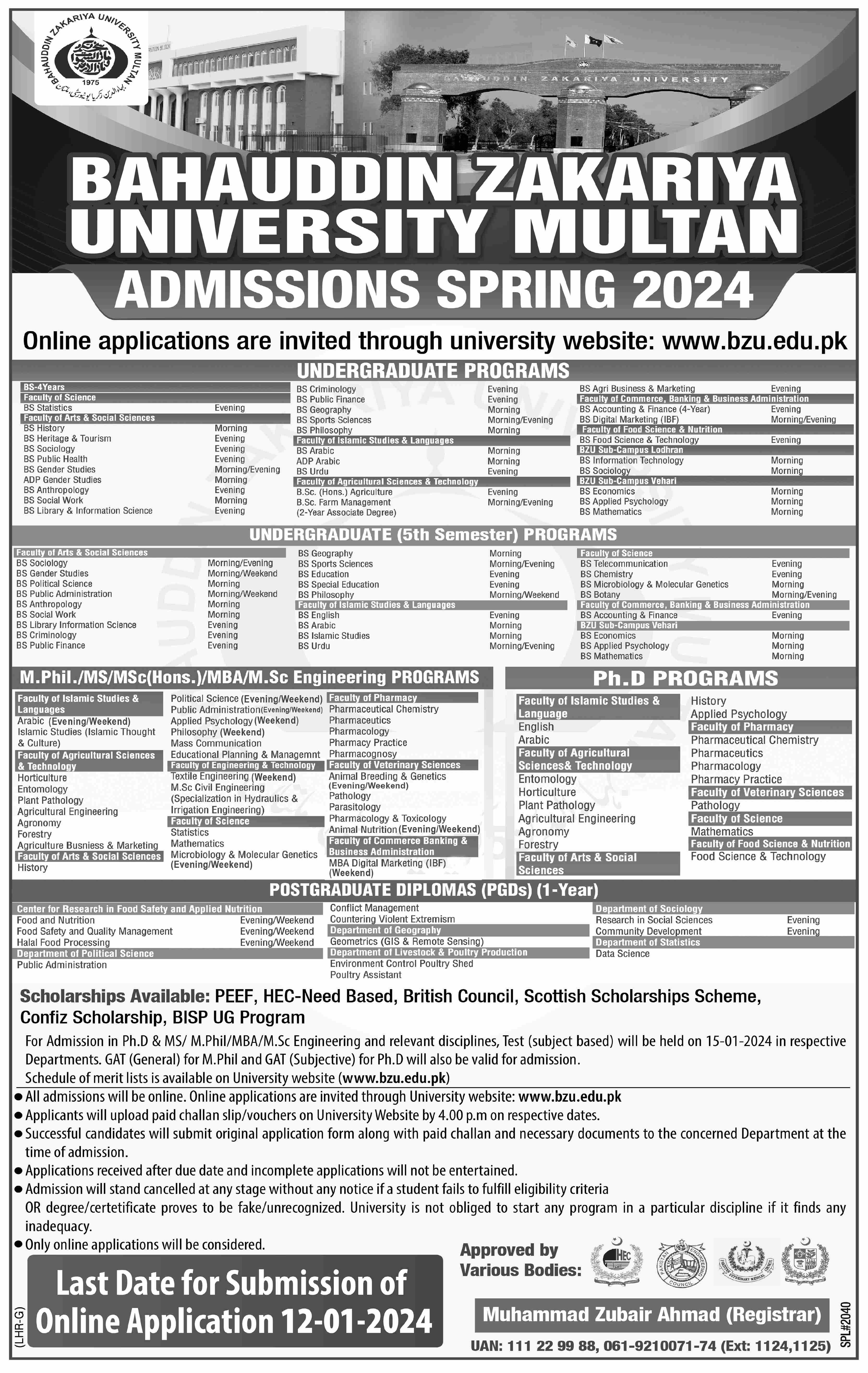 Bahauddin Zakariya University BZU Spring Admission 2024 Result.pk