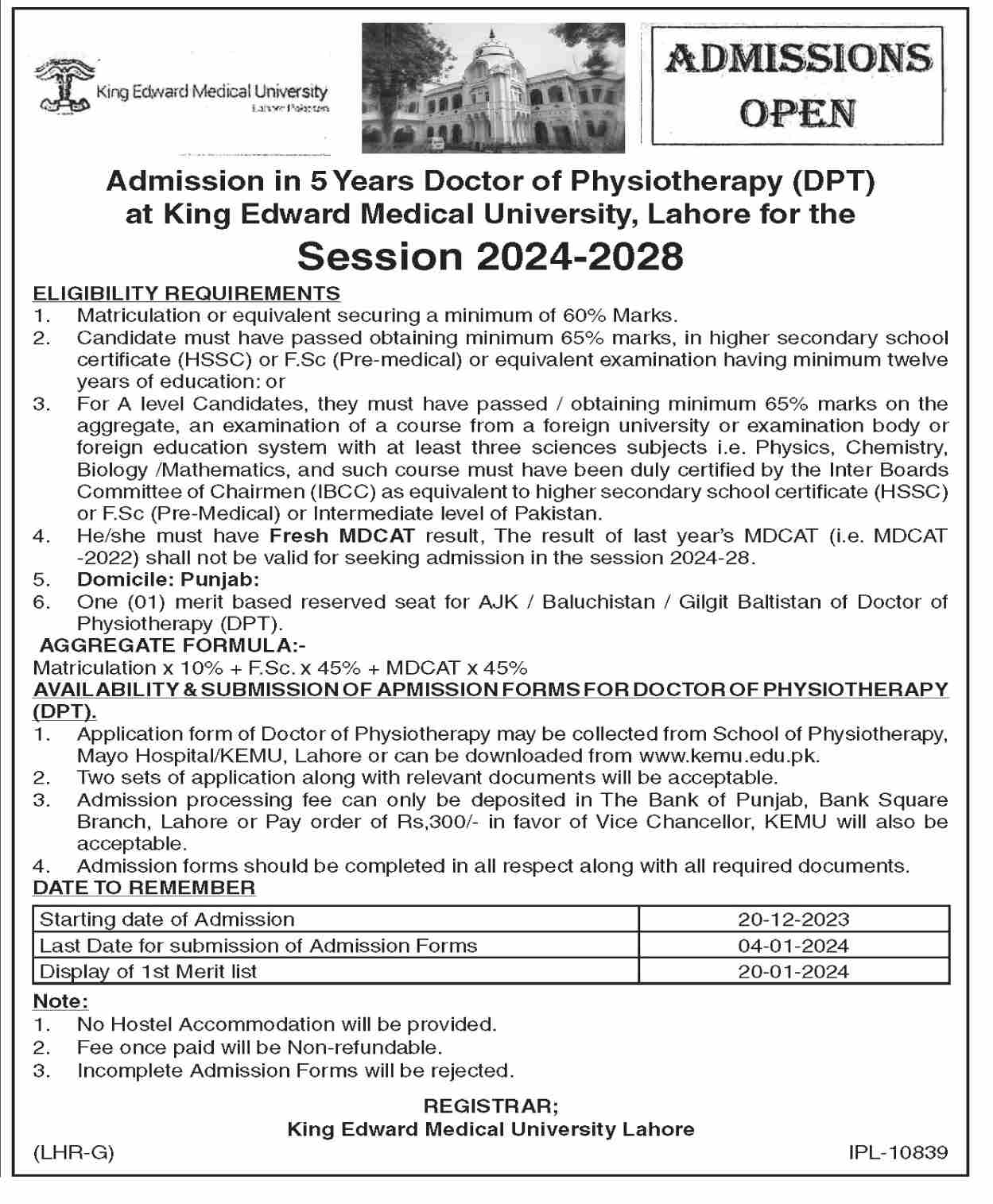 King Edward Medical University KEMU DPT Admission 2024 Result.pk
