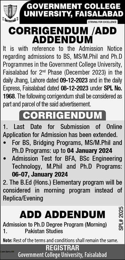 GC University Faisalabad BS MS MPhil PhD Admission 2024 Result.pk