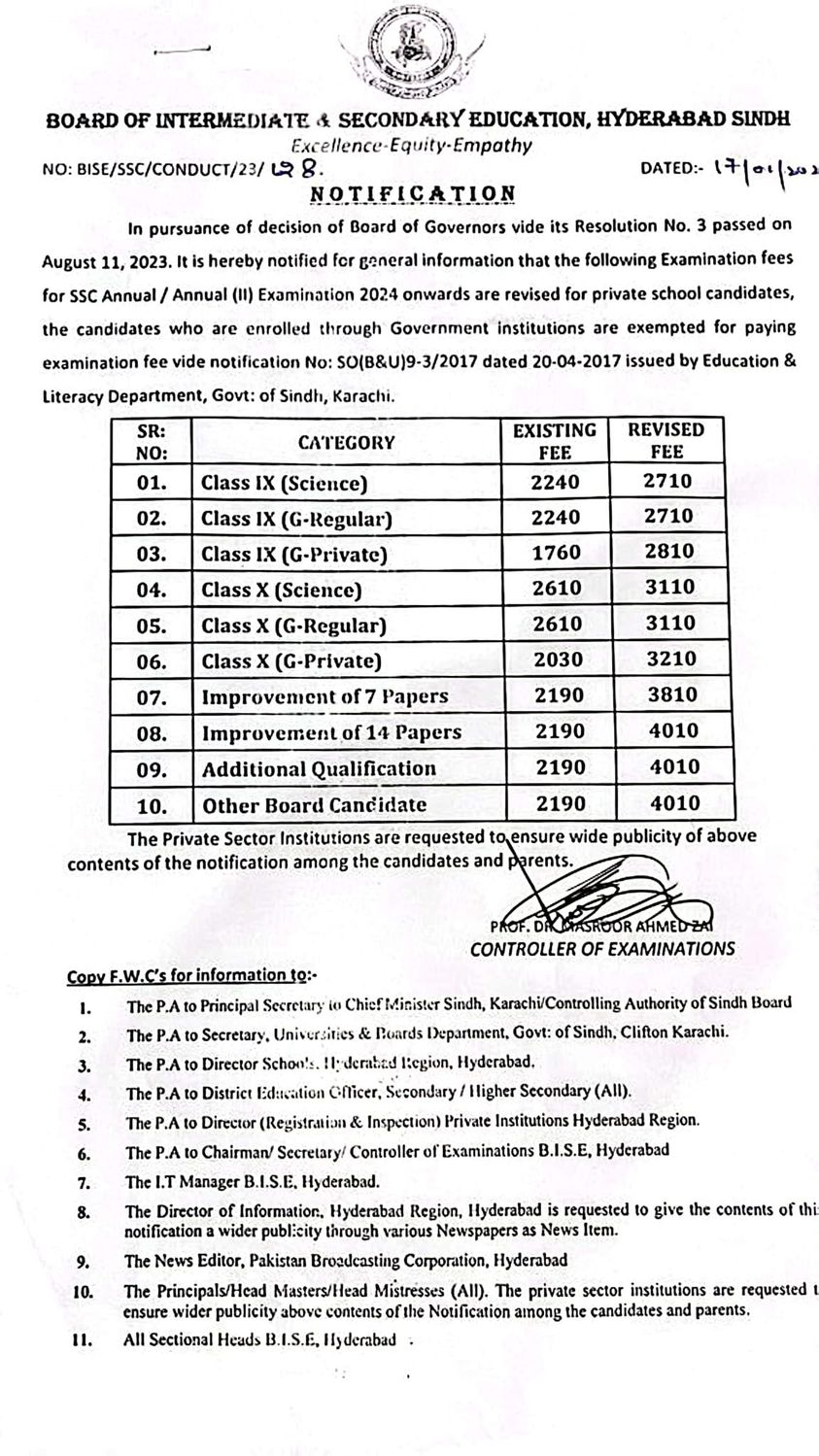 BISEH SSC Annual Exams 2024 Revised Fee Schedule Result.pk