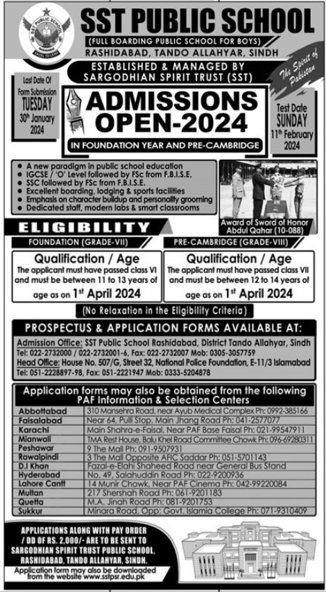 SST Sargodhian Spirit Trust Public School Admission 2024 Result.pk
