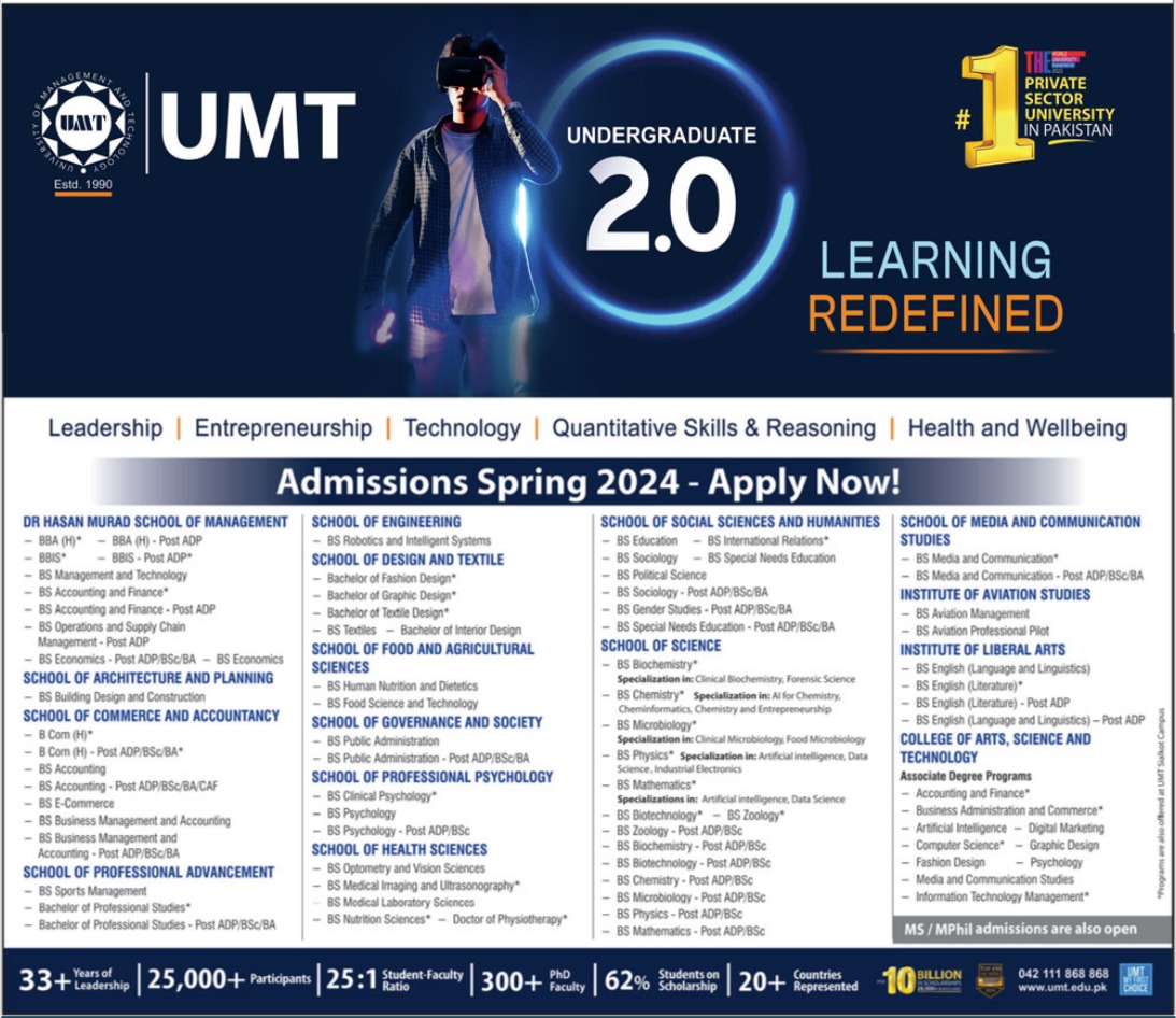 University of Management and Technology UMT Admission 2024 Result.pk