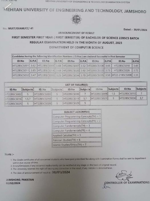 HIAST BSCS 1st Semester 22nd Batch Result 2024 Result.pk