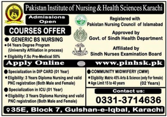 PINHS Pakistan Institute of Nursing & Health Sciences BS Admission 2024 ...