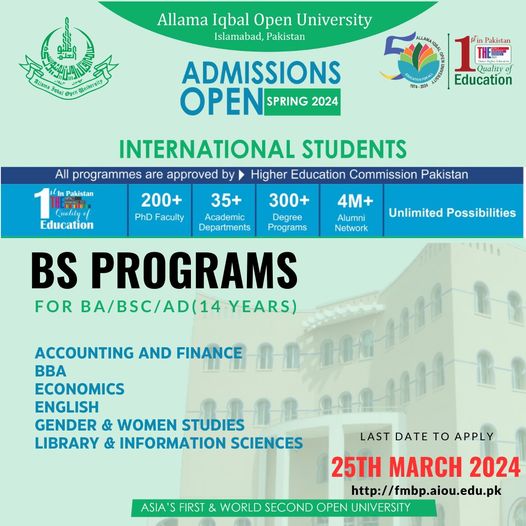 AIOU BS Spring Admission 2024 For International Students Schedule Result.pk