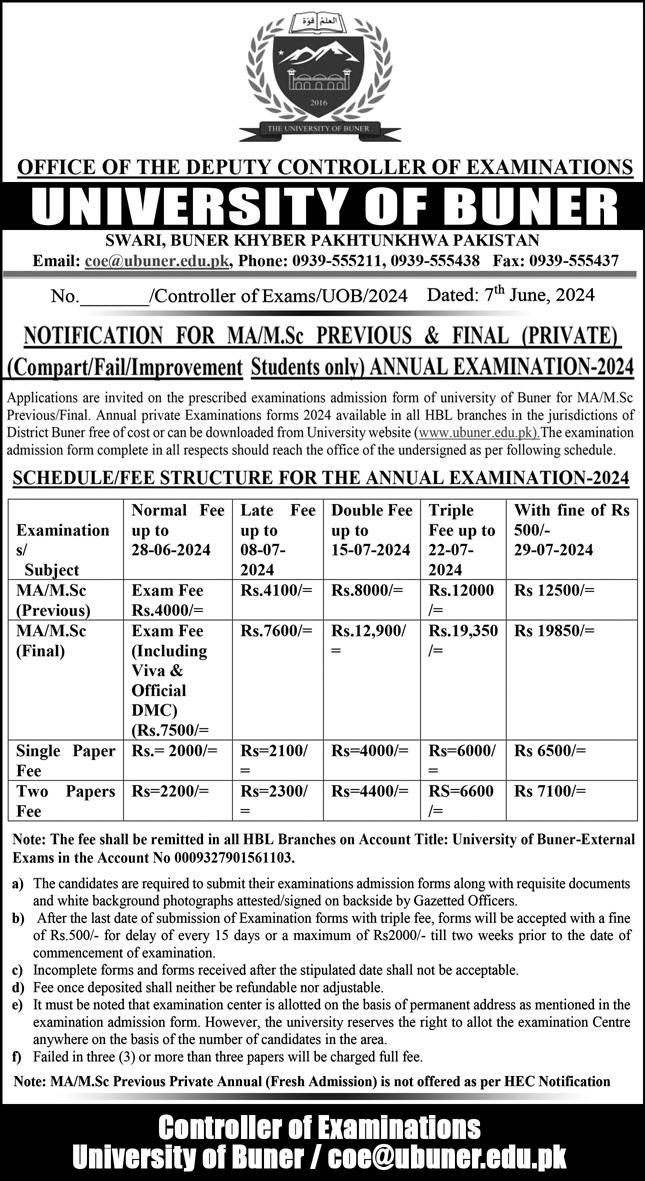 University of Buner MA MSc Exams Admissions 2024 Result.pk