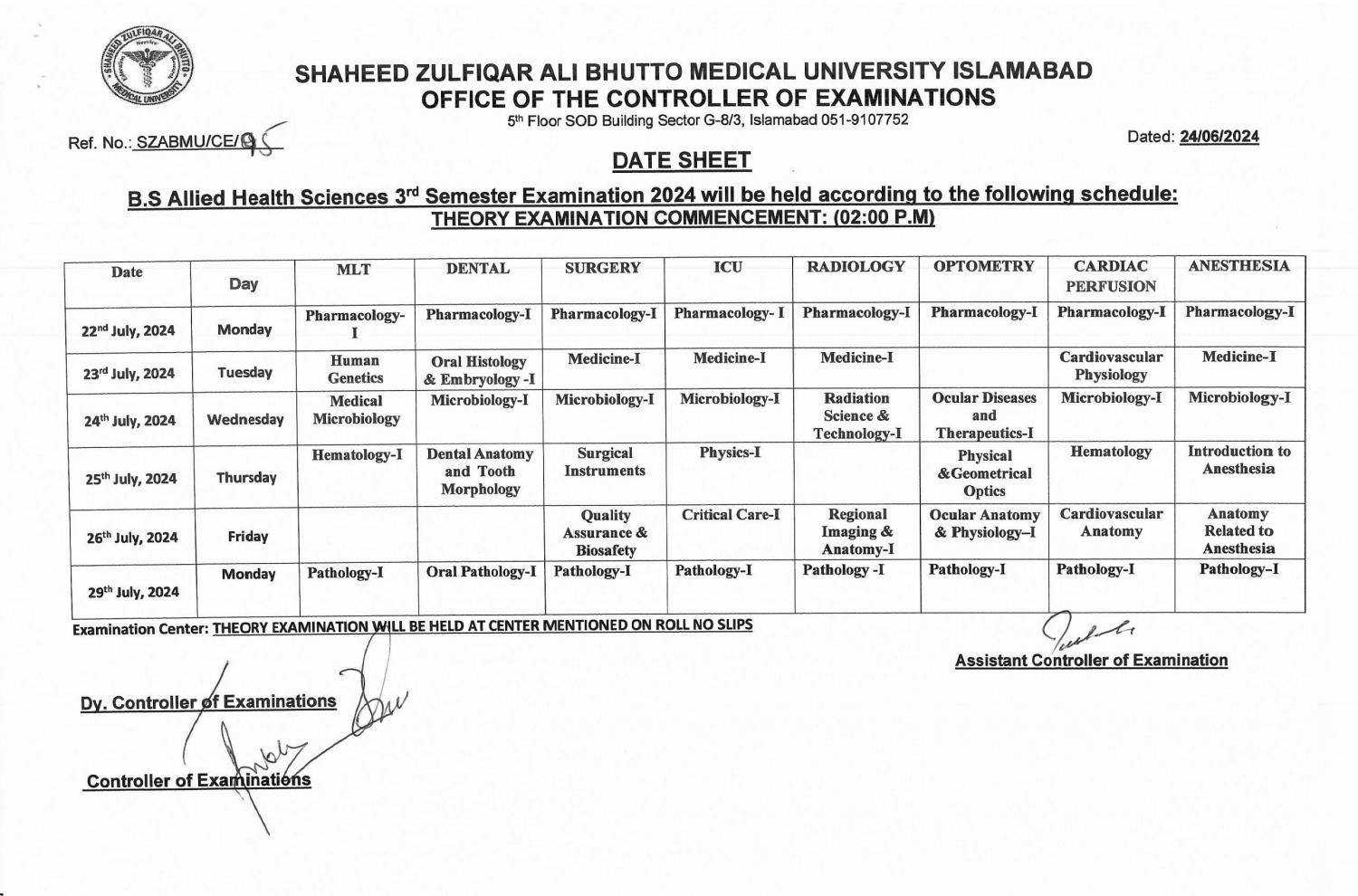SZABMU BS AHS 3rd Semester & Examinations Date Sheet 2024 Result.pk