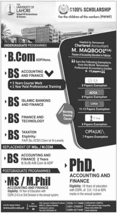 UOL University of Lahore BS MS MSc MPhil PhD Admission 2024 Result.pk