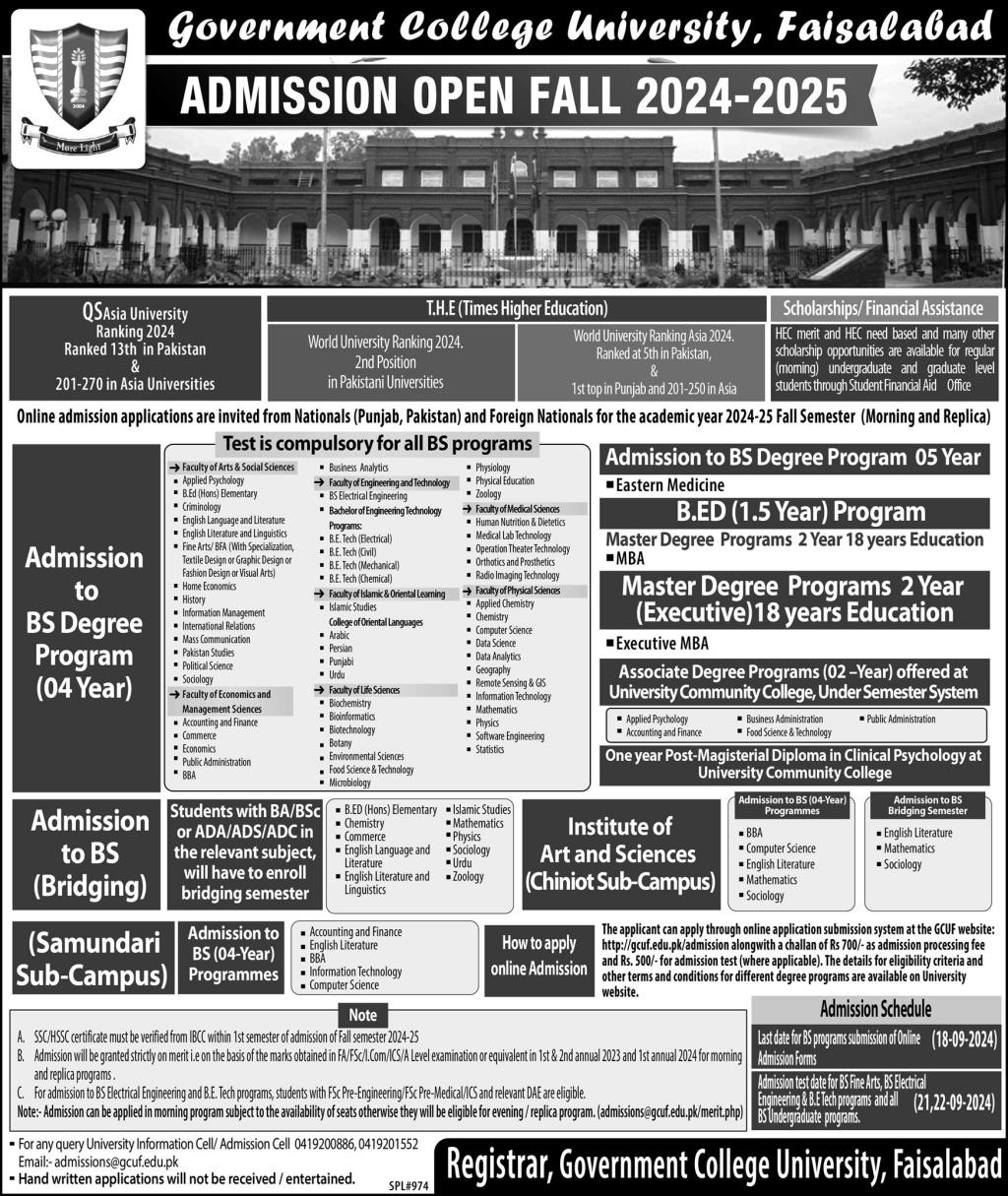 GCUF Government College University Faisalabad BS BEd MBA Admission 2024 Result.pk