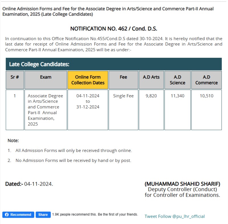 PU ADA, ADS & ADC Annual Exams 2025 Forms Fee Schedule Result.pk