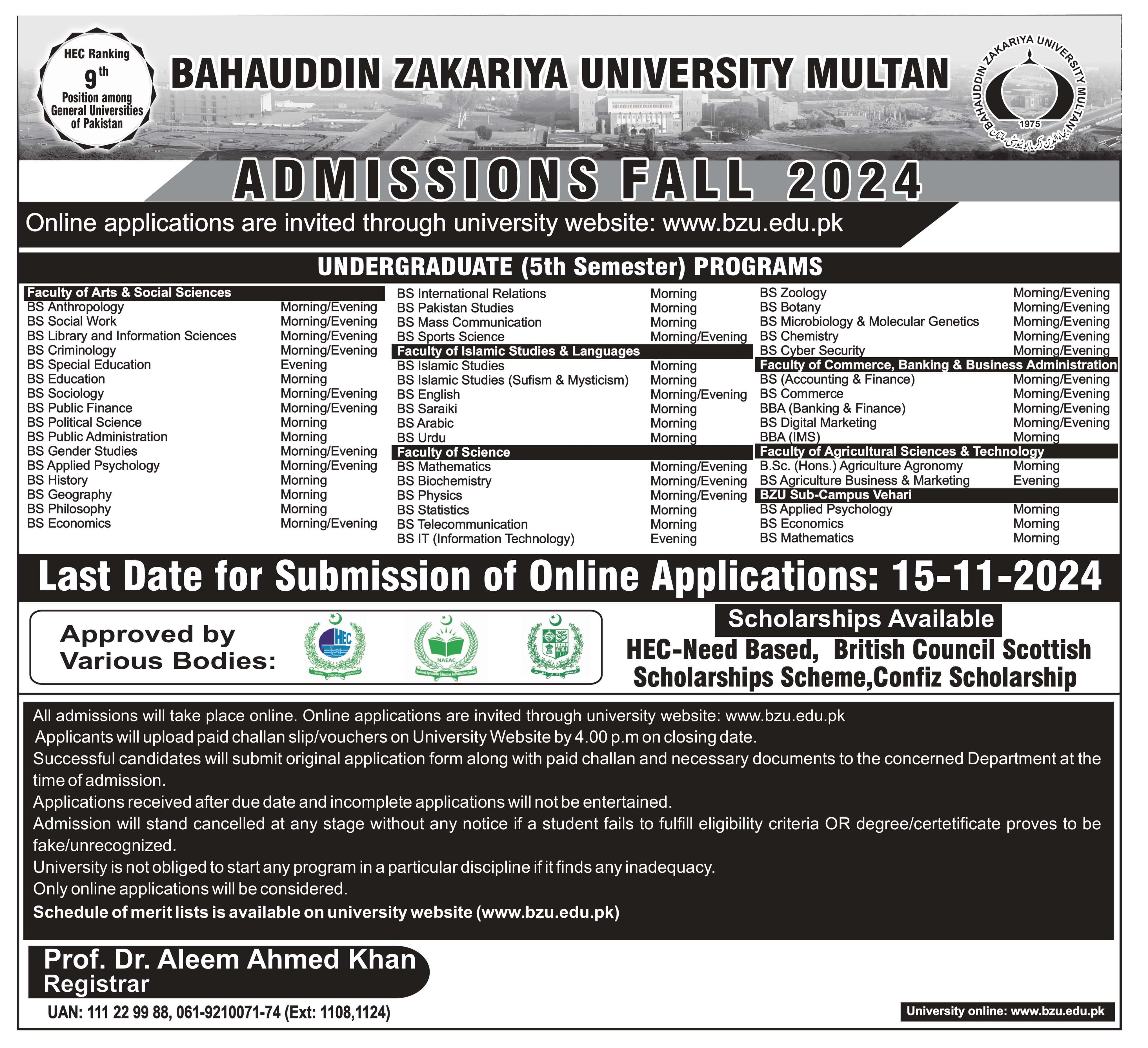 BZU Undergraduate Programs 5th Semester Admission Open for Session Fall ...