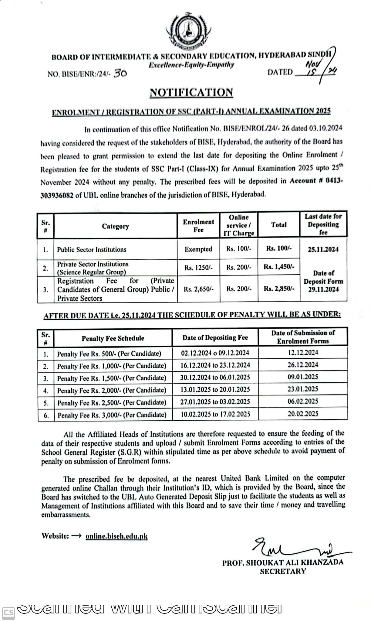 Bise Hyderabad Extended Deadline for SSC Part-I Registration 2025 Result.pk